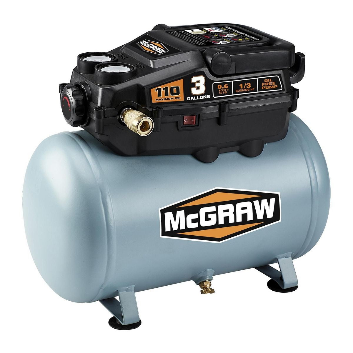 3 Gallon 1/3 HP 110 PSI Oil-Free Hotdog Air Compressor McGraw ...