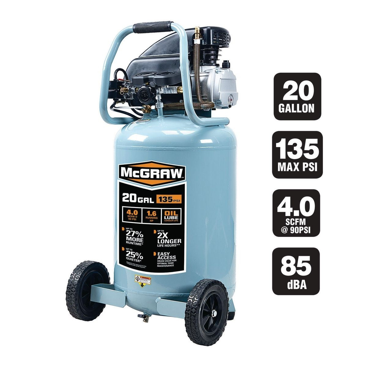 20 Gallon 1.6 HP 135 PSI Oil Lube Vertical Air Compressor McGraw ...